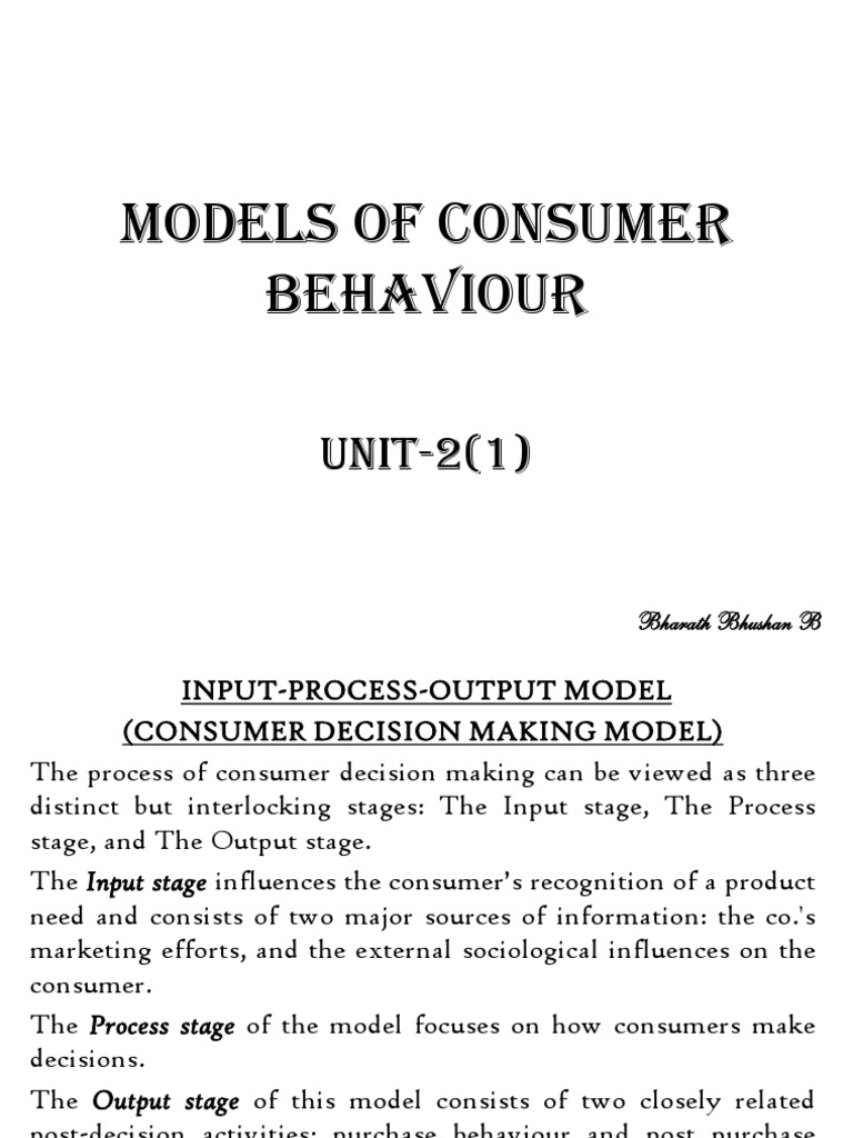 Models of Consumer Behaviour: UNIT-2 | PDF | Behavior | Consumer Behaviour