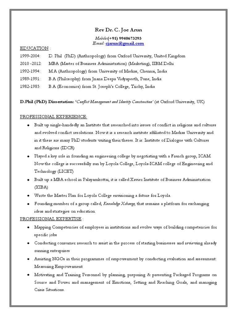 CV C Joe Arun | PDF | Anthropology | Doctor Of Philosophy