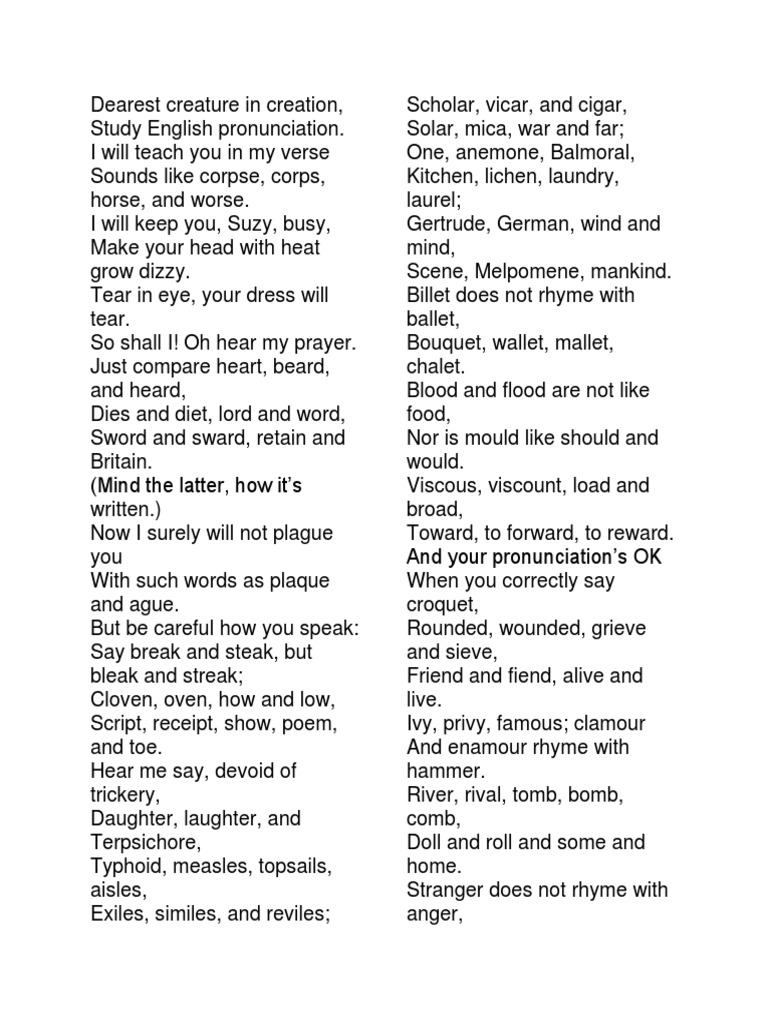 Dearest Creature in Creation (English Pronunciation) | PDF