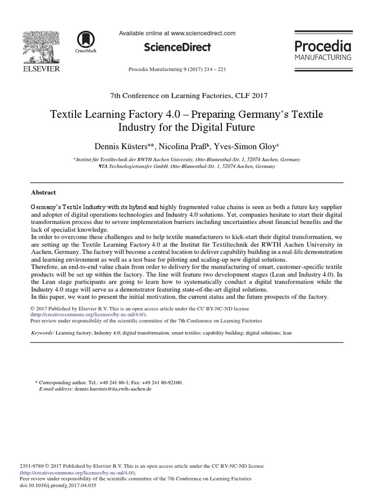 Textile Learning Factory 4 0 Preparing Germany S Textil 2017 Procedia ...