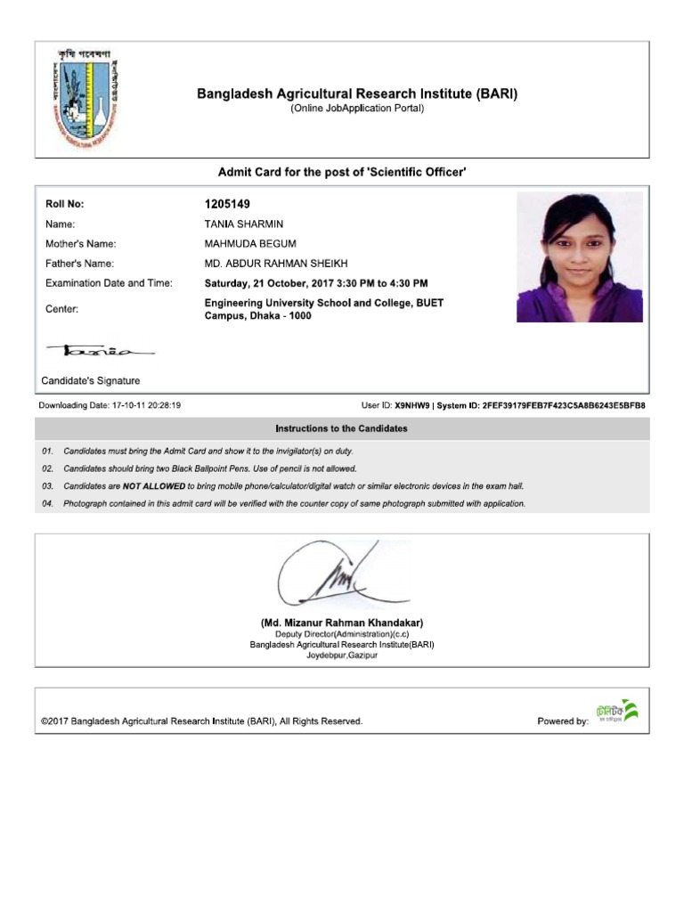 Admit Card Sample | PDF