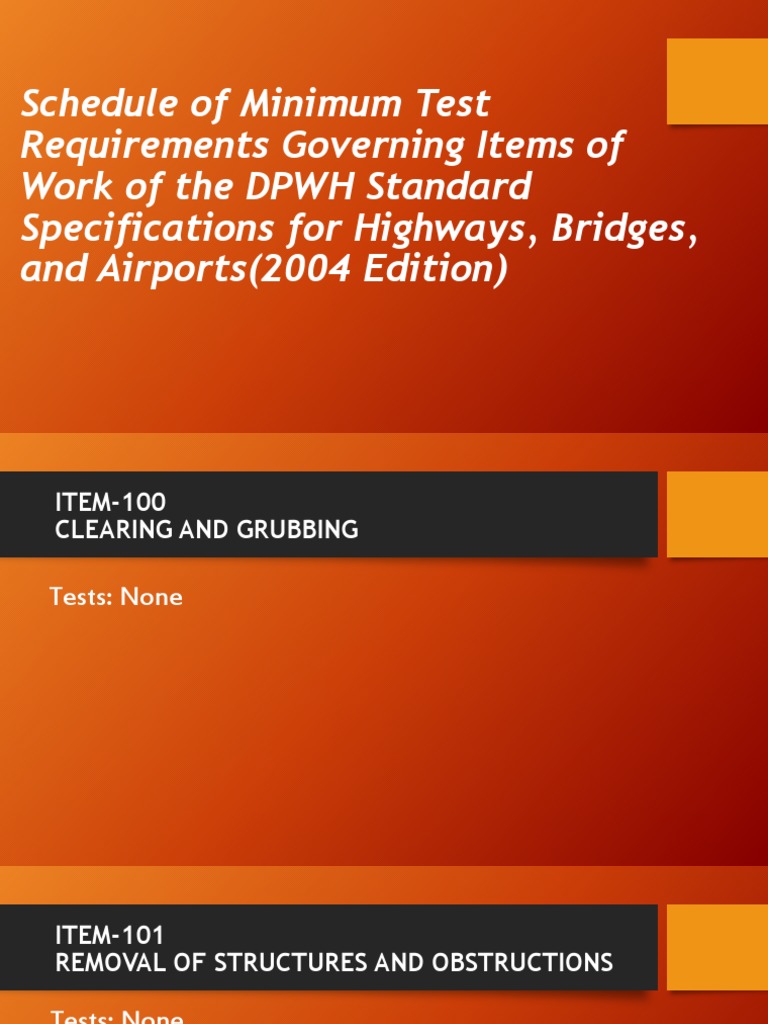 DPWH Standard Specifications Minimum Test Requirements | PDF | Soil ...
