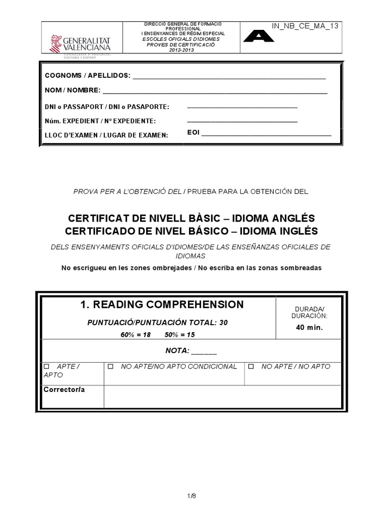 Modelo Examen A2 Inglés | PDF