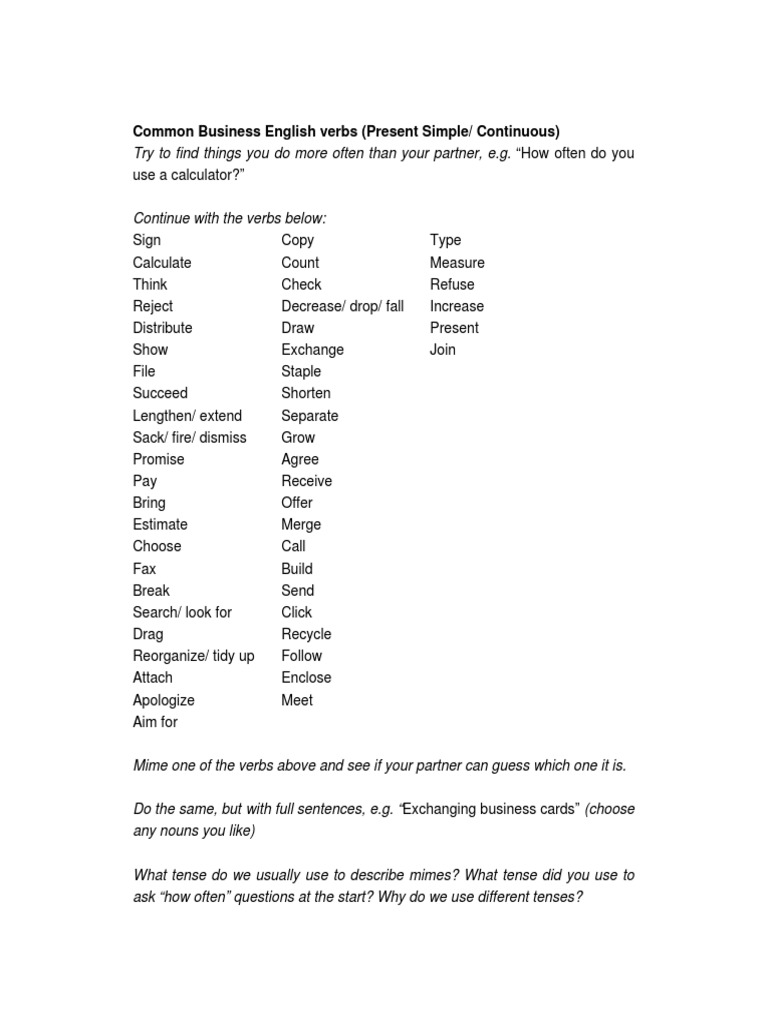 Common Business English Verbs (Present Simple/ Continuous) | PDF
