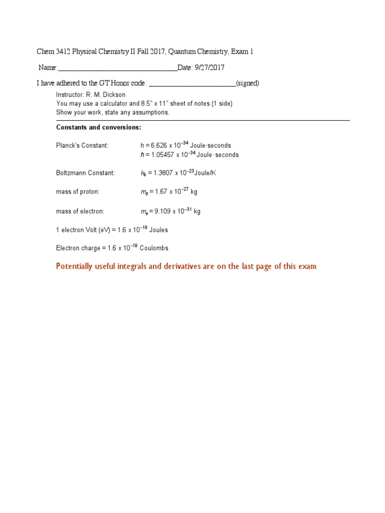 Physical Chemistry Exam 1 Key | PDF | Wave Function | Electronvolt
