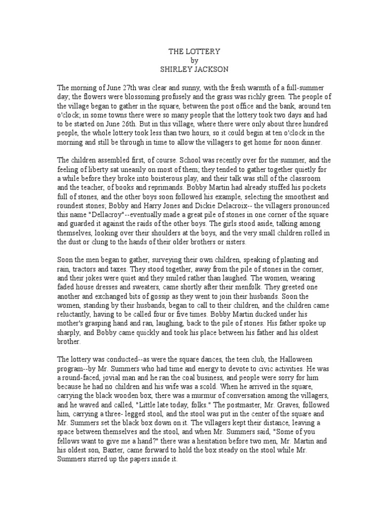 The Lottery With Questions Shirley Jackson | PDF