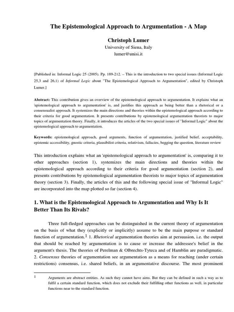 The Epistemological Approach To Argumentation A Map Christoph Lumer Pdf Argumentation