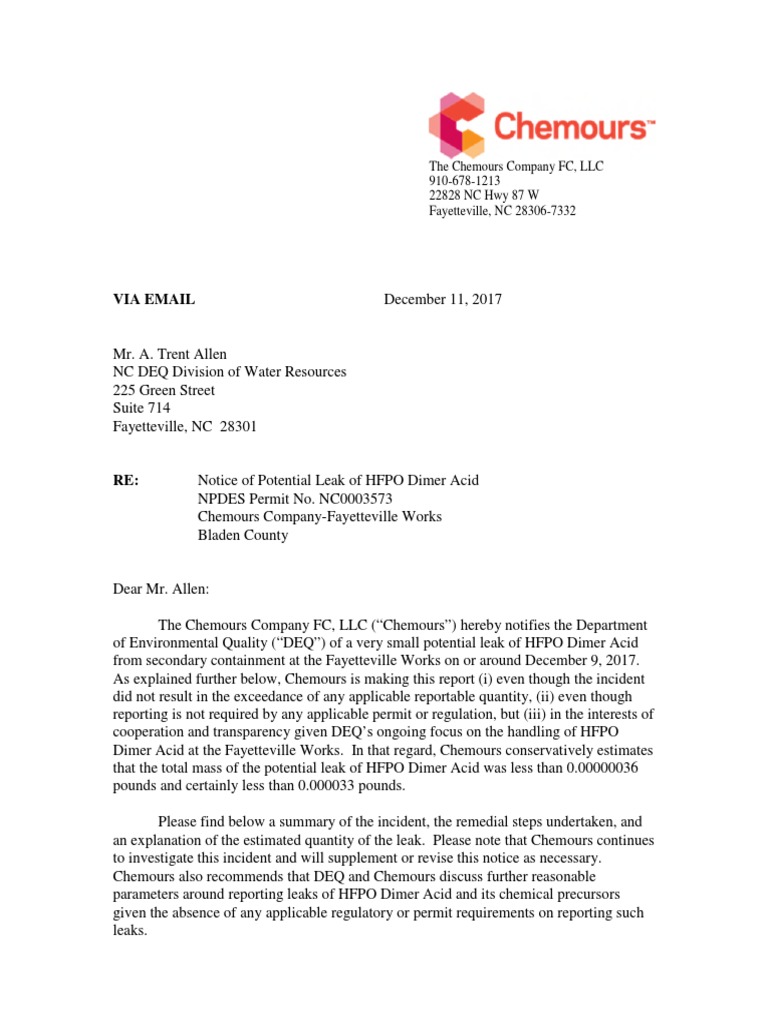 Chemours Letter - Dec11 | PDF | Ph | Water
