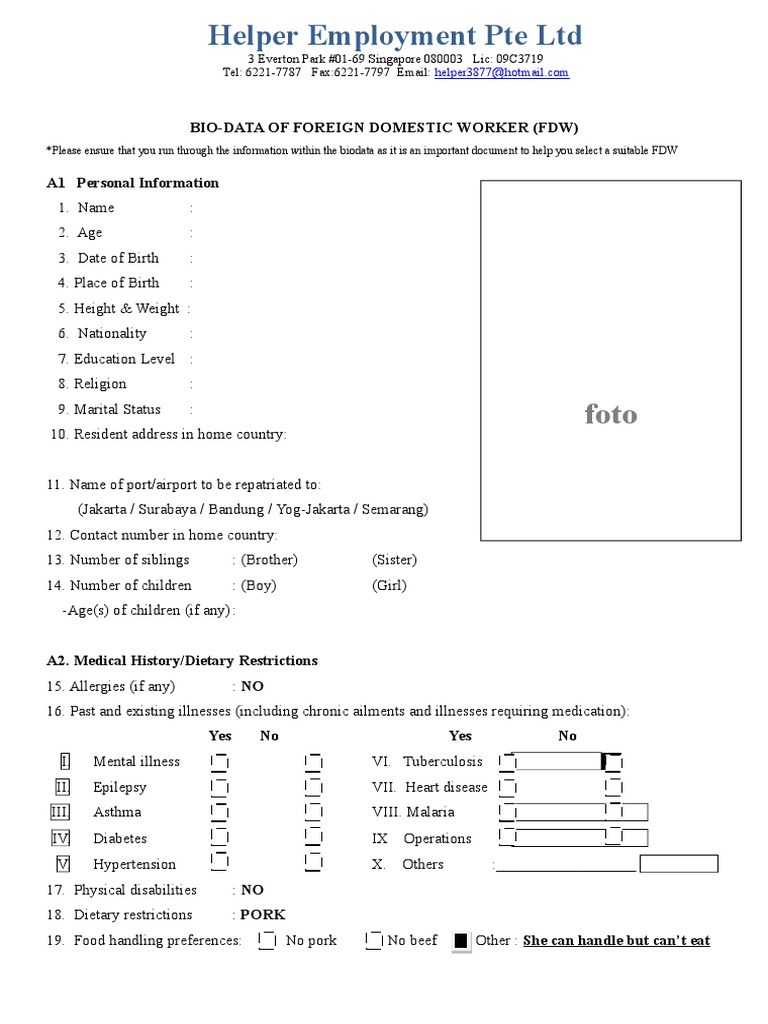 Standard MOM Biodata (for PT) 1 | Medicine | Wellness