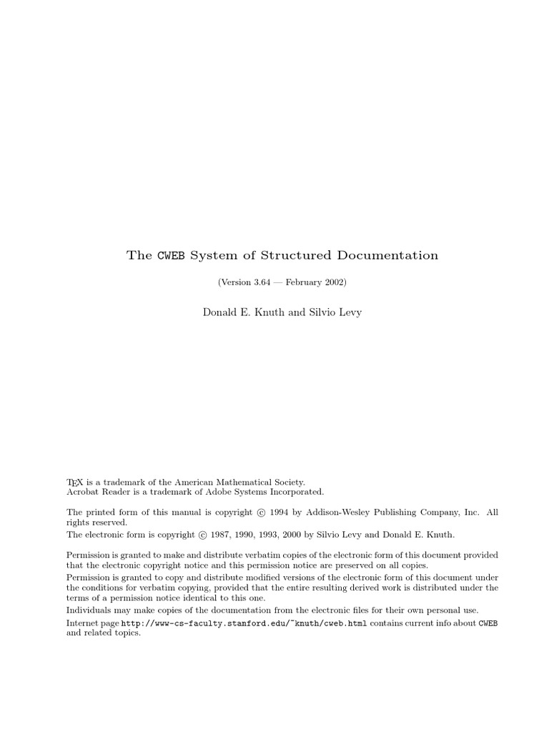 The CWEB System of Structured Documentation: Donald E. Knuth and Silvio Levy | PDF | Te X | C ...