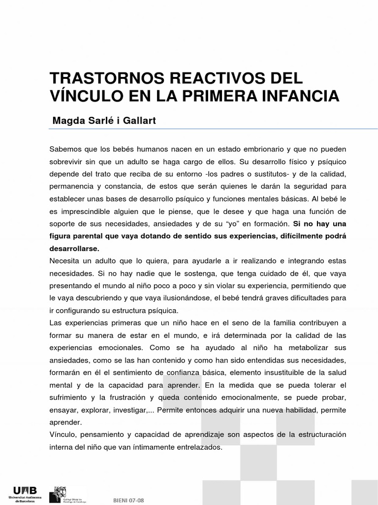 Trastornos Reactivos Del Vinculo PDF | PDF | Teoría de apego | Depresión (estado de ánimo)