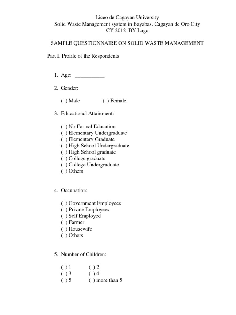 cAGAYAN DE ORO SOLID WASTE Questionaire | PDF | Recycling | Landfill
