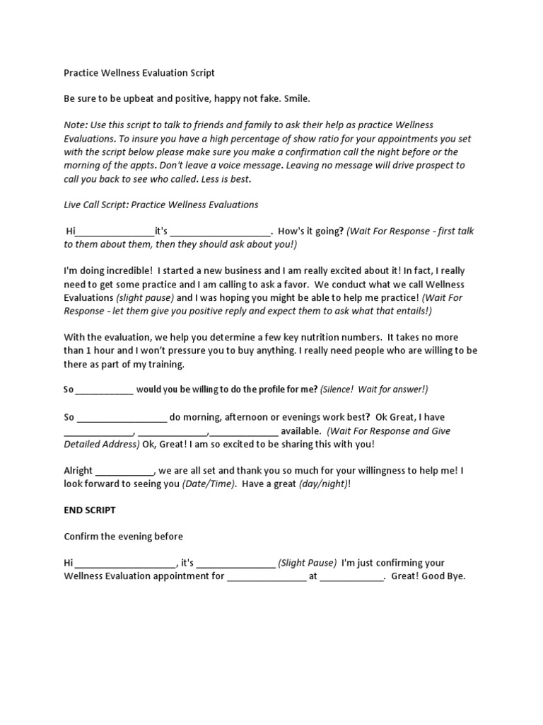 Practice Wellness Evaluation Script | PDF