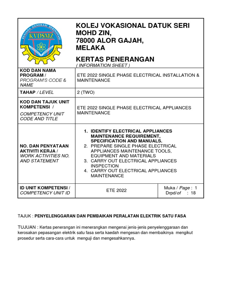 Is-1 Penyelenggaraan Pepasangan Elektrik Satu Fasa | PDF