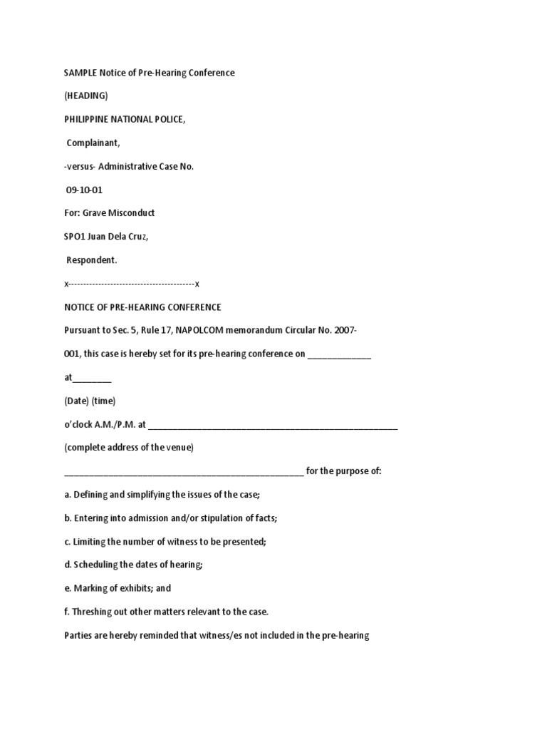 SAMPLE Notice of Pre Hearing Conference and Script | PDF | Social ... SAMPLE Notice of Pre Hearing Conference and Script | PDF | Social ...