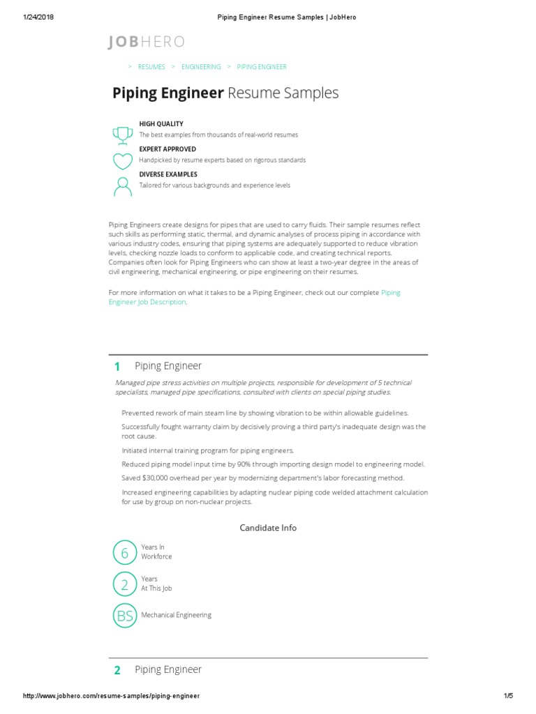 Piping Engineer Resume Samples - JobHero | PDF | Engineering | Pipe ...