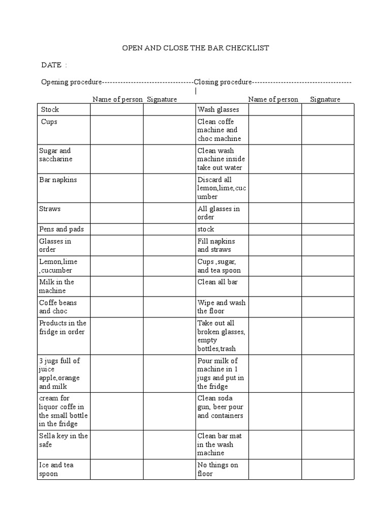 Bar Opening and Closing Checklist | PDF | Non Alcoholic Drinks | Drink