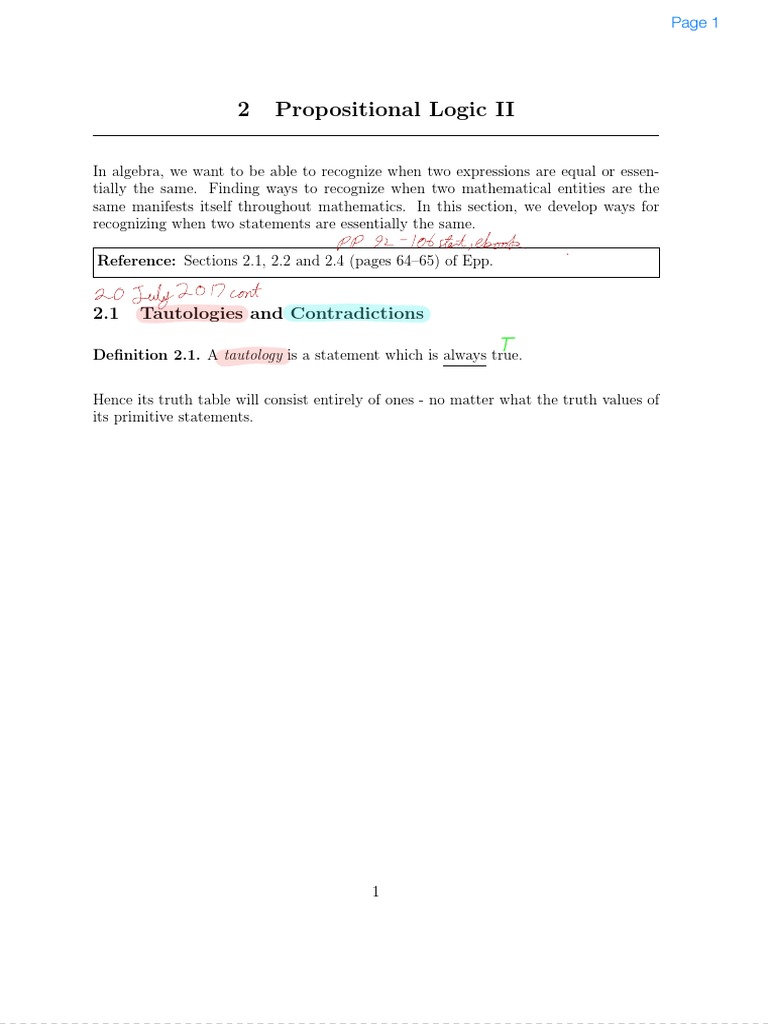 Propositional Logic II 2017 - 20170718 - 132835 | PDF | Contradiction | Logical Consequence