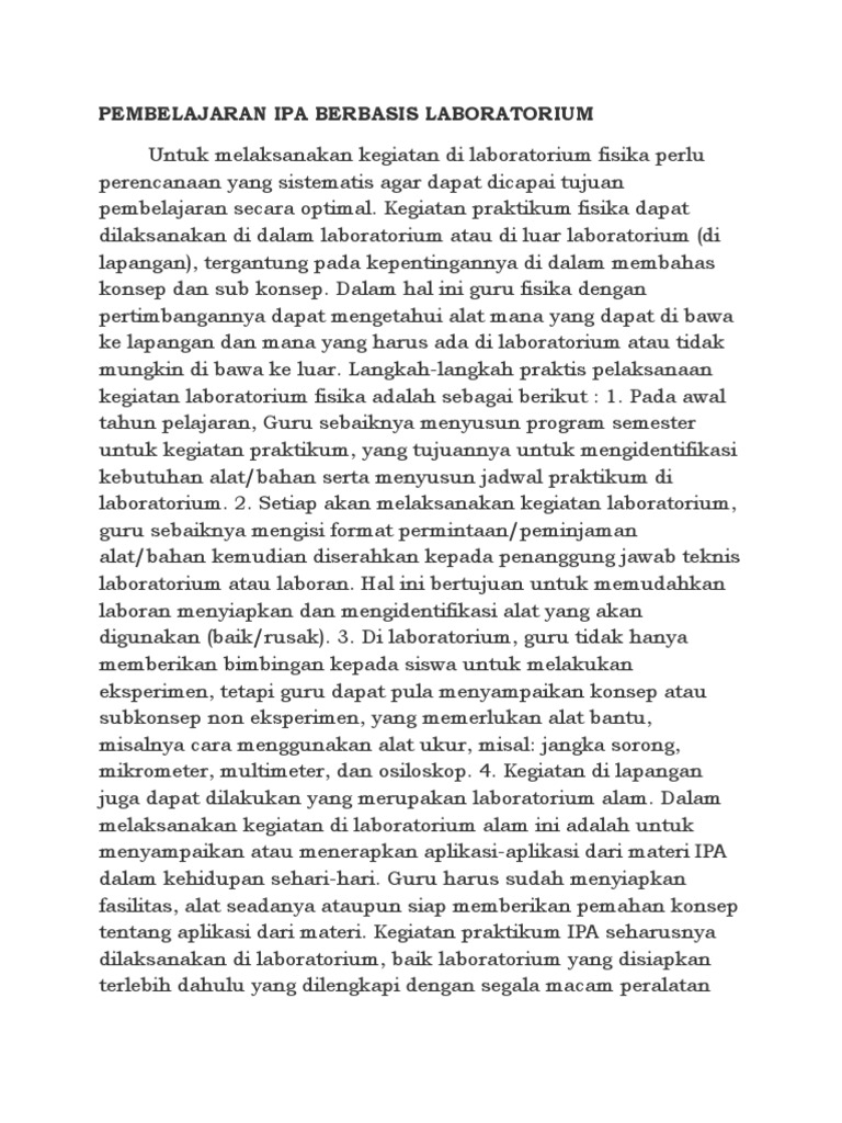 PEMBELAJARAN IPA BERBASIS LABORATORIUM Untuk Melaksanakan Kegiatan Di ...