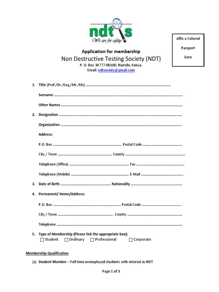 Application For NDTS Membership | PDF | Diploma | Nondestructive Testing
