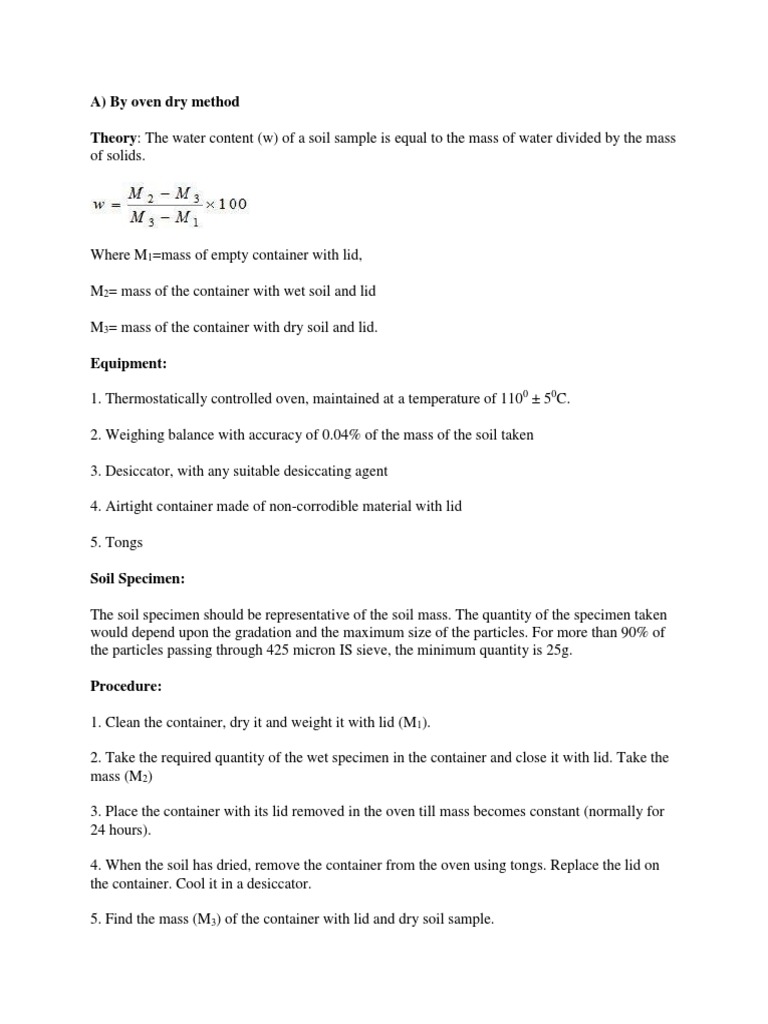 Soil Water Content by Oven Dry Method | PDF