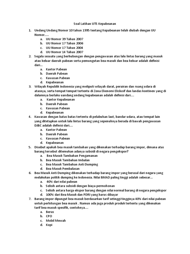 Soal Ujian Sertifikasi Kepabeanan | PDF | Pengelolaan Keuangan & Uang