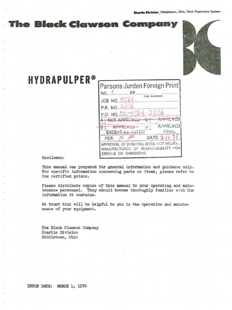 Hydrapulper Instruction Manual | PDF | Valve | Pulp (Paper)