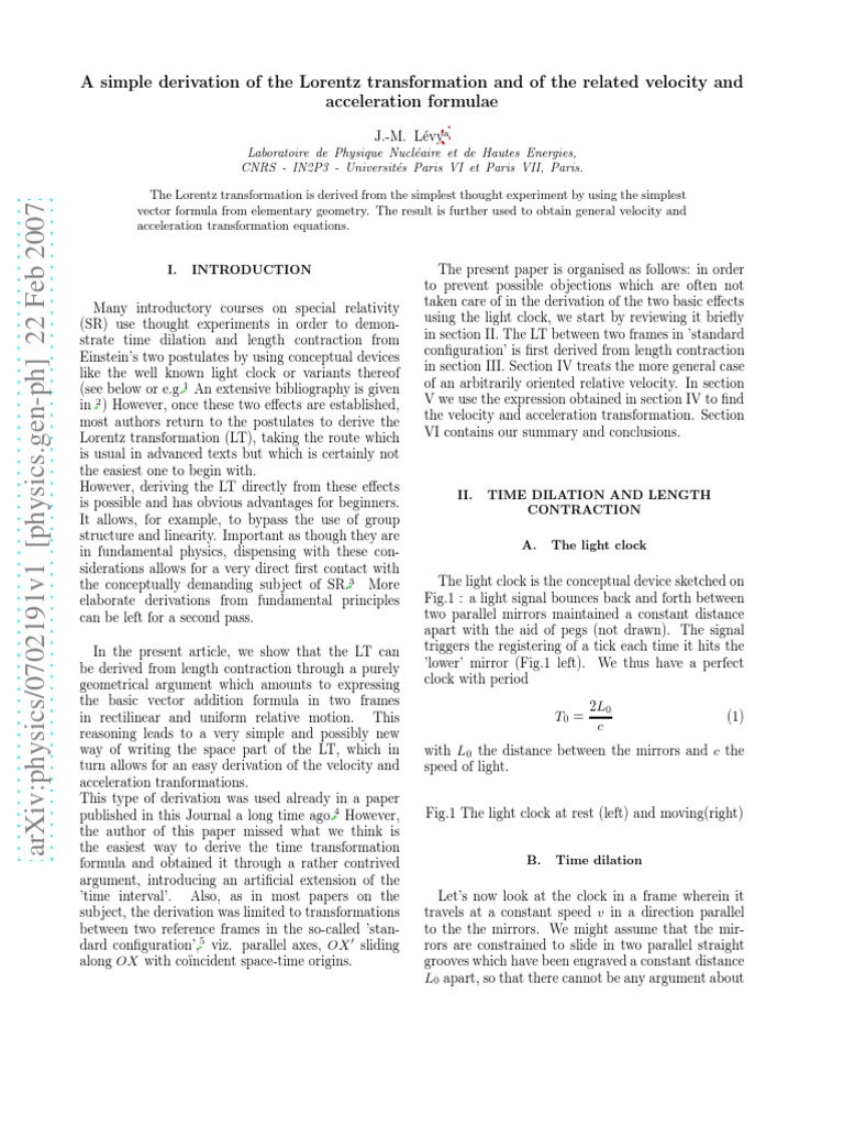 A Simple Derivation of The Lorentz Transformation | PDF | Acceleration ...