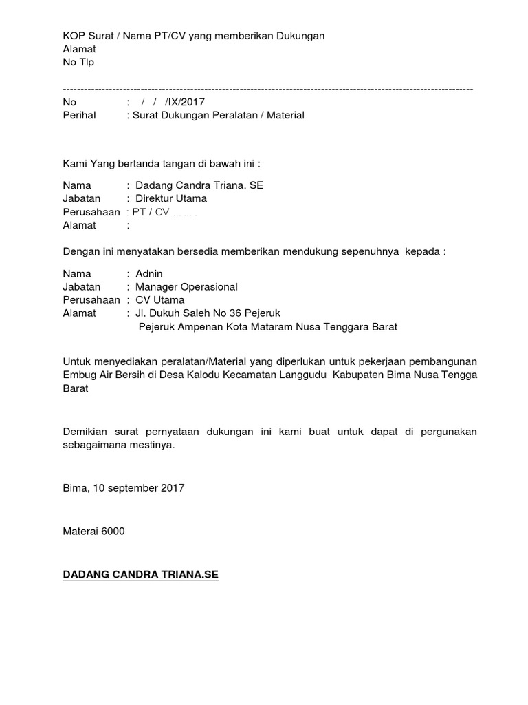Contoh Surat Dukungan Peralatan Atau Material | PDF