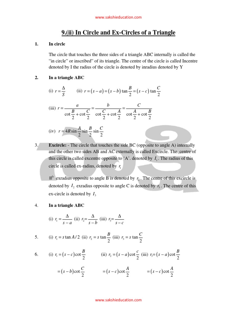 09 02 Incircle and Ex-Circles of A Triangle PDF | PDF | Trigonometric ...