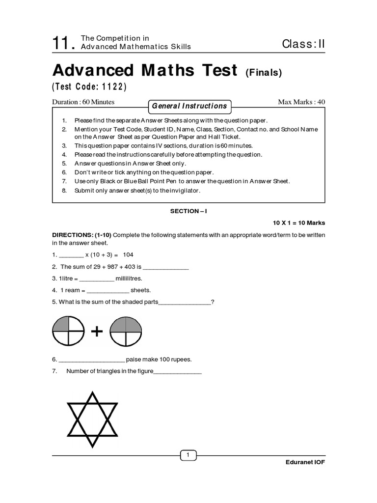 Advanced Maths Test: Class: II | PDF | Teaching Mathematics