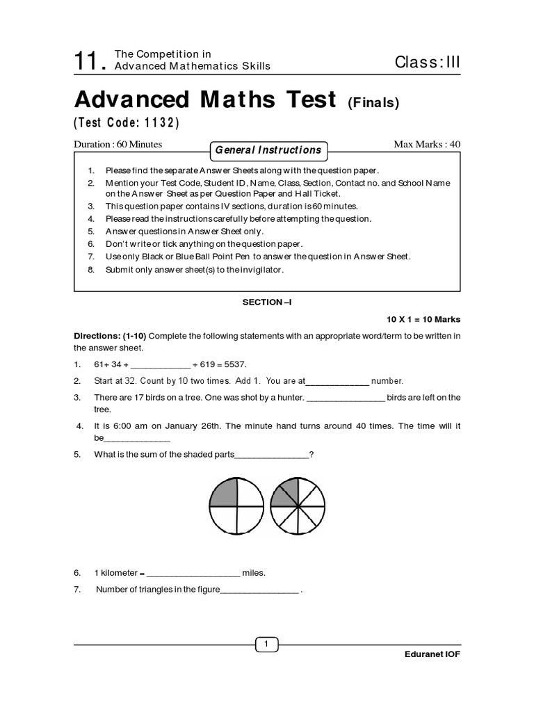 Advanced Maths Test: Class: III | PDF | Fraction (Mathematics ...