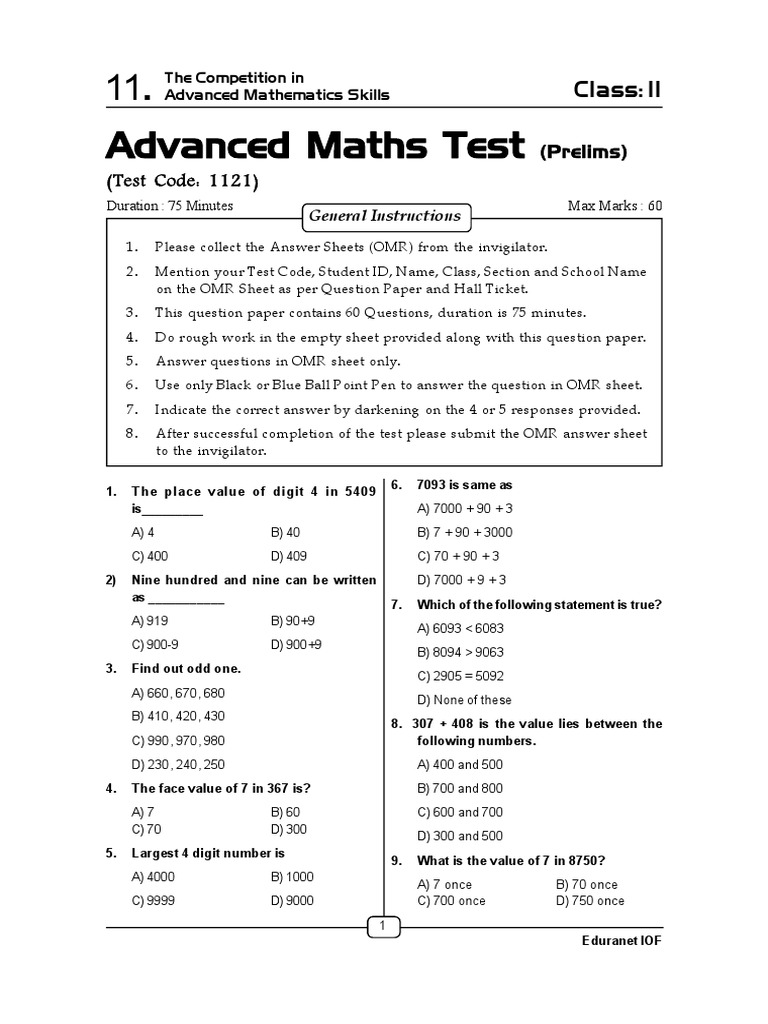 Advanced Maths Test: Class: II | PDF | Teaching Mathematics | Science