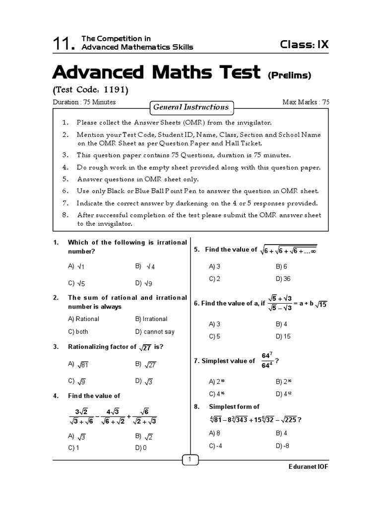 Advanced Maths Test: Class: IX | PDF | Perpendicular | Elementary Geometry