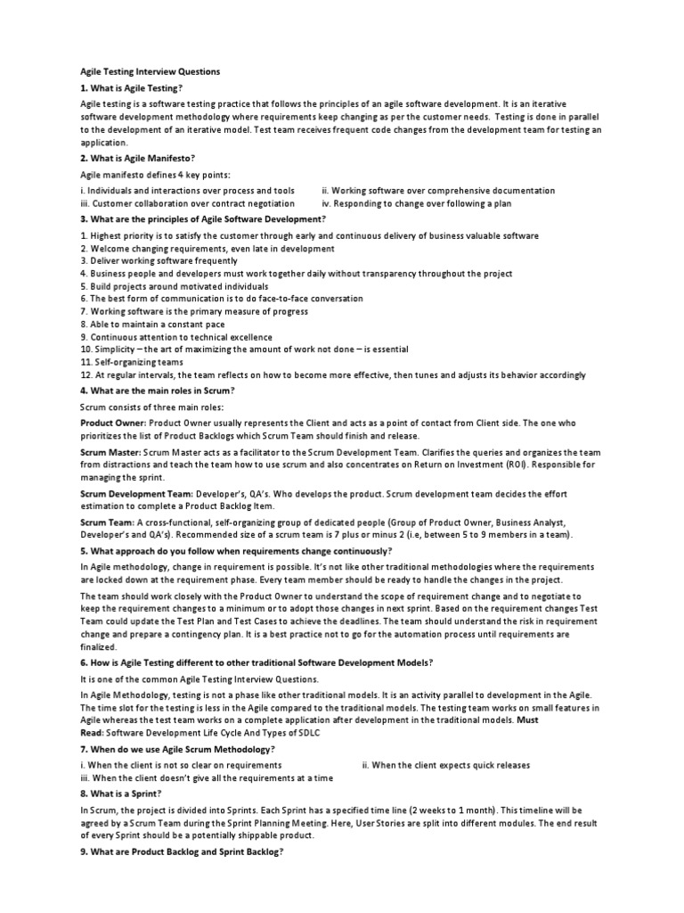Agile Testing Interview Questions Pdf Scrum Software Development Agile Software Development