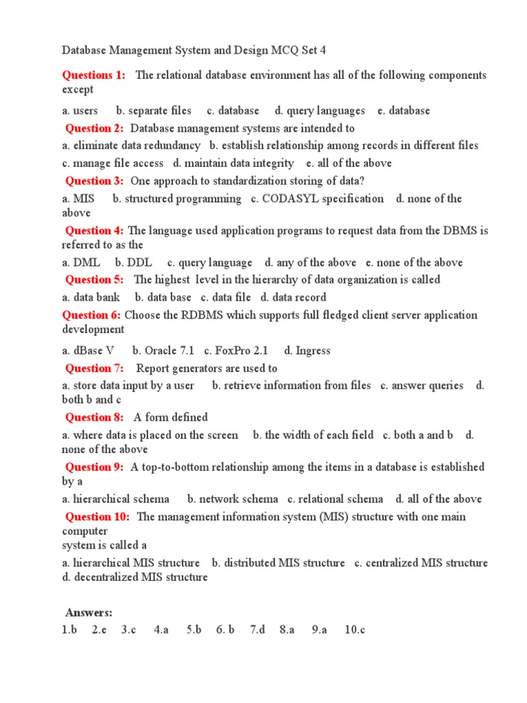Database Management System and Design MCQ Set 4 | PDF