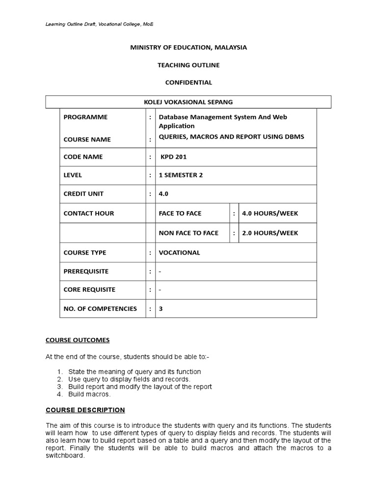 Learning Outline KPD 301 | PDF | Microsoft Access | Databases
