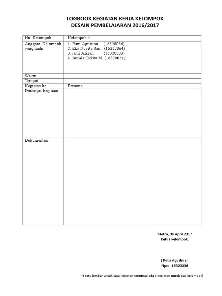 Logbook Kegiatan Kerja Kelompok Desain Pembelajaran Smt 2