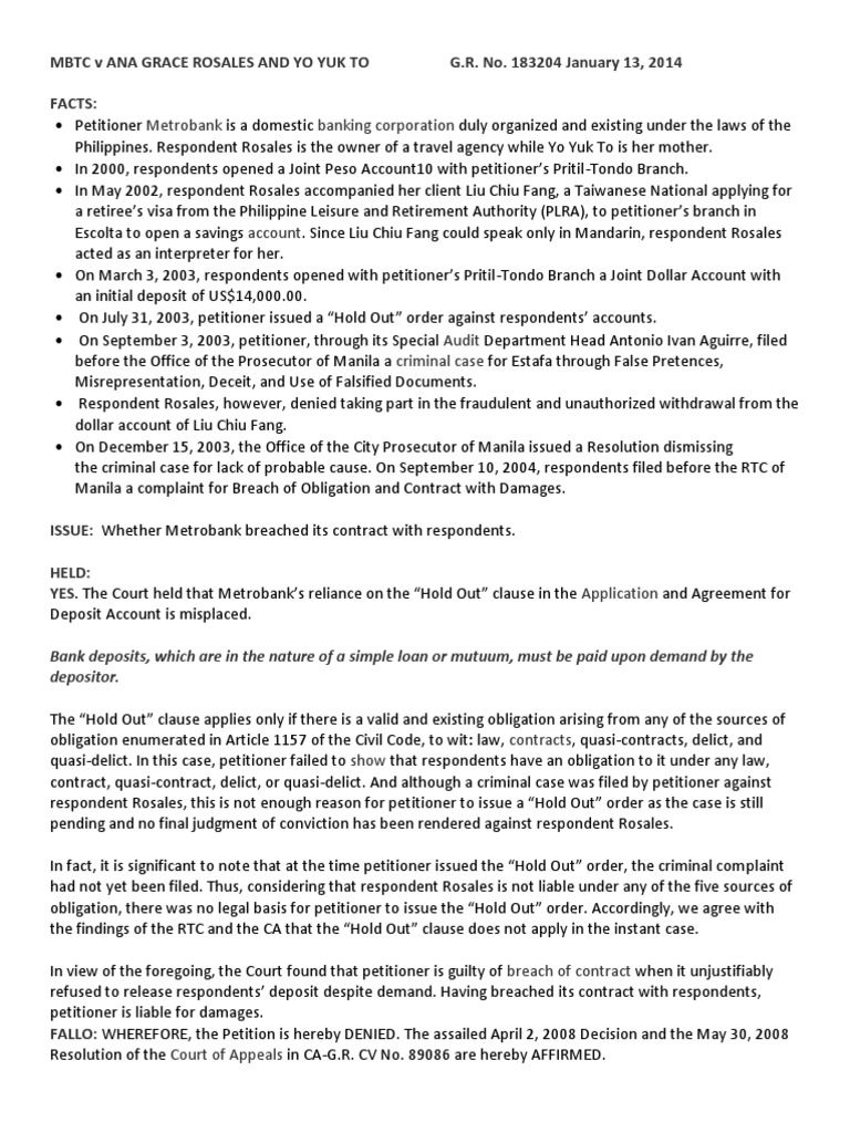 Metrobank Banking Corporation: MBTC V Ana Grace Rosales and Yo Yuk To G ...