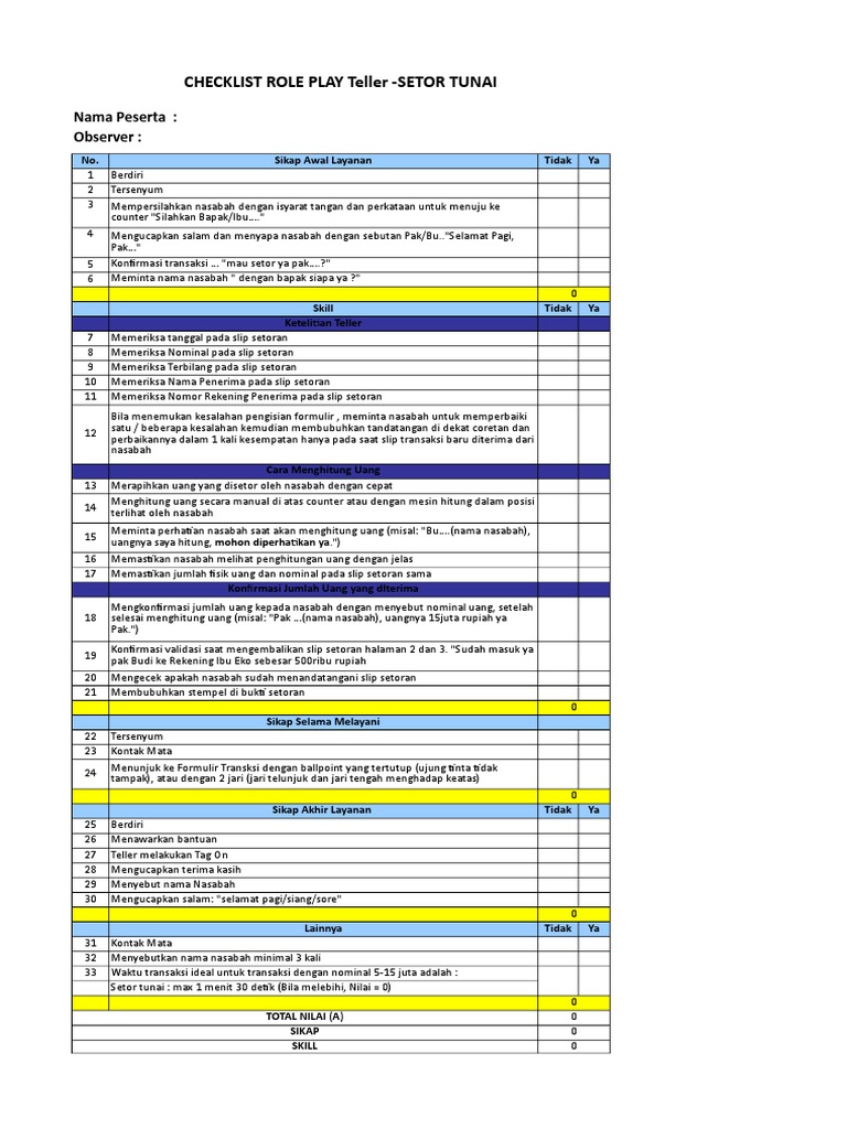 Checklist Roleplay Teller - Setor Tunai Slip Setoran Jan 2014 | PDF