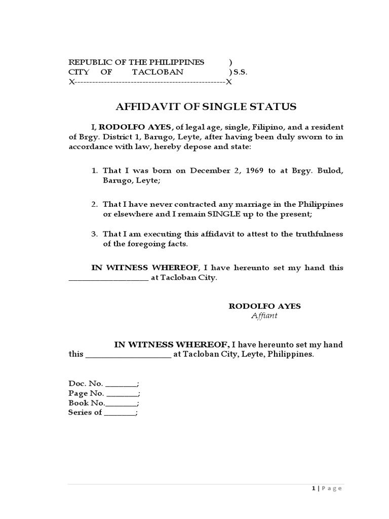 Affidavit of Single Status: IN WITNESS WHEREOF, I Have Hereunto Set My ...