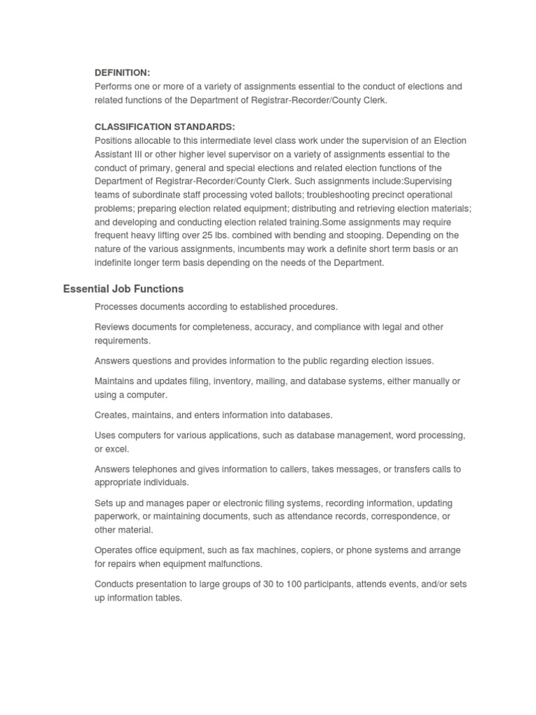 Election Assistant II Job Overview | PDF