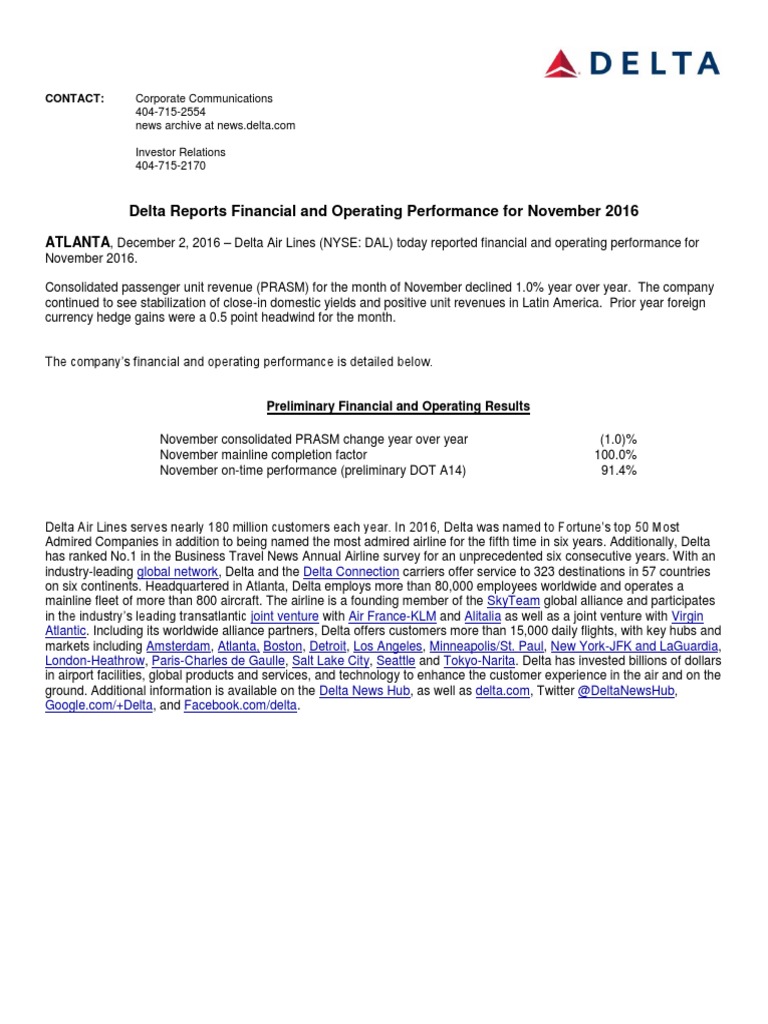 Delta Reports Financial and Operating Performance For Nov 2016 ...