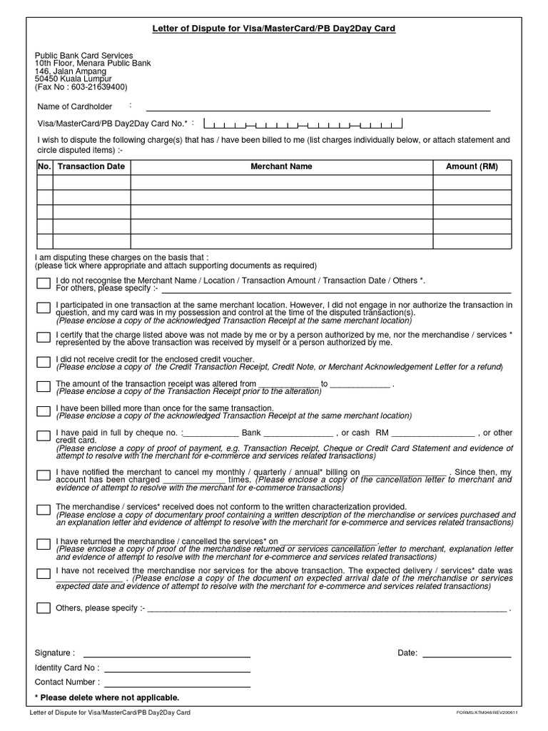 Dispute_form Public Bank Blank | Financial Transaction | Visa Inc.
