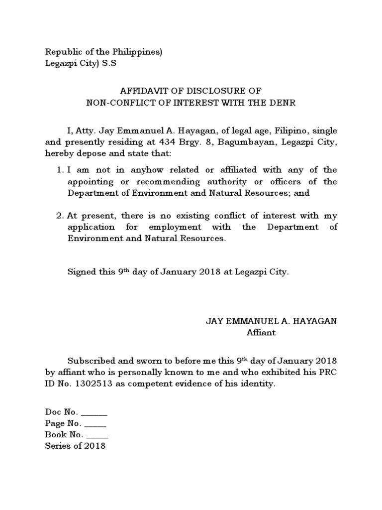 Affidavit of Disclosure of Non Conflict of Interest 2018