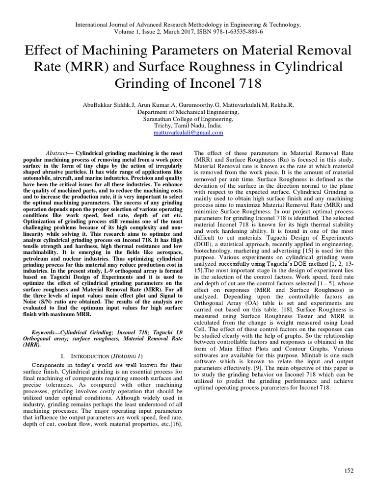 Effect Of Machining Parameters On Material Removal Rate Mrr And Surface Roughness In