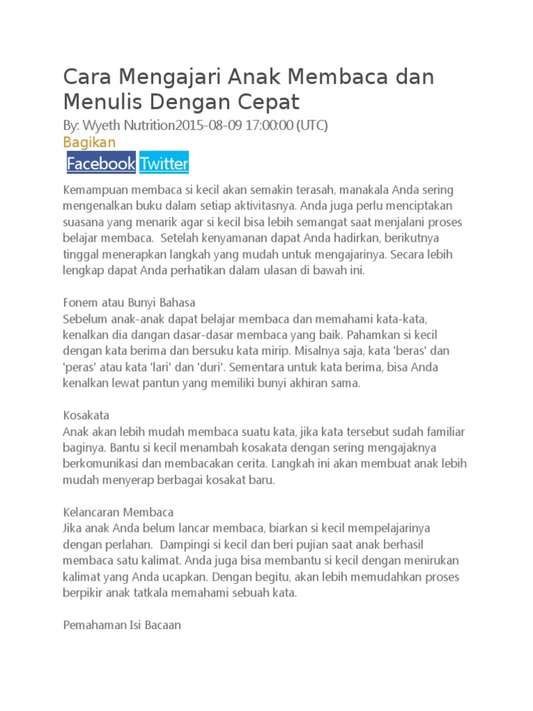 Cara Mengajari Anak Membaca Dan Menulis Dengan Cepat | PDF