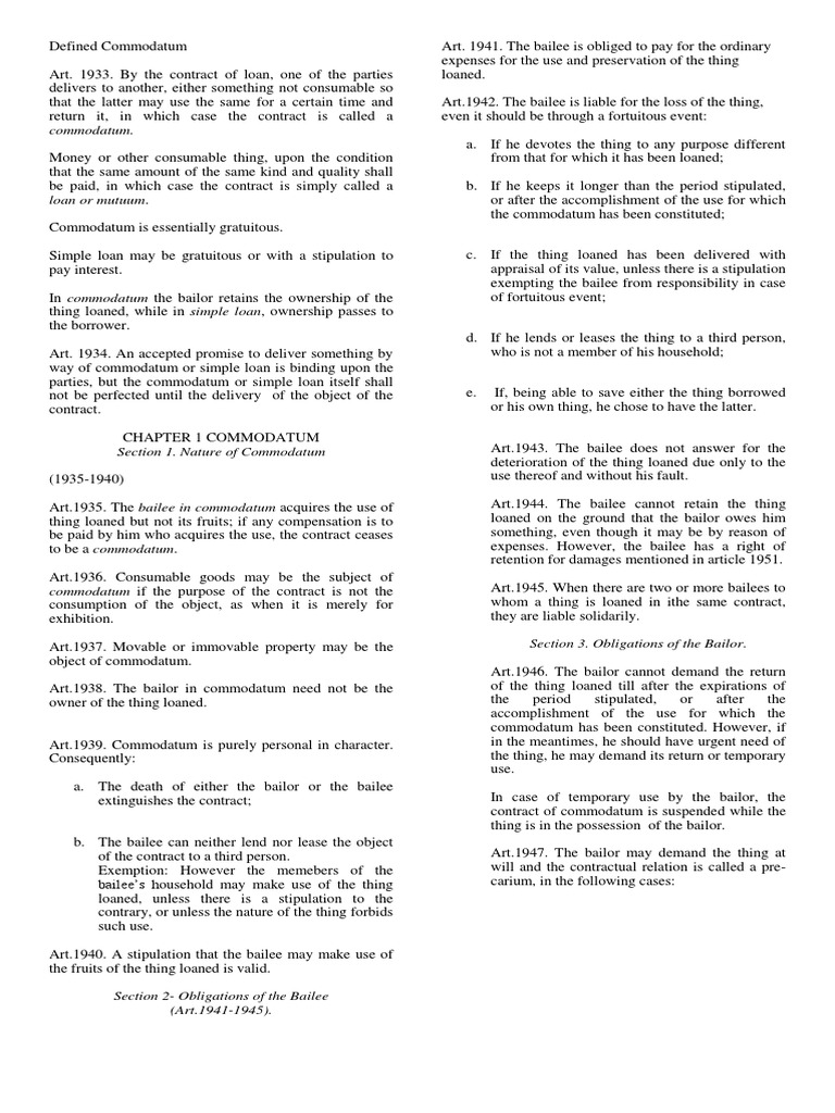 Defined Commodatum Summary | PDF | Loans | Virtue