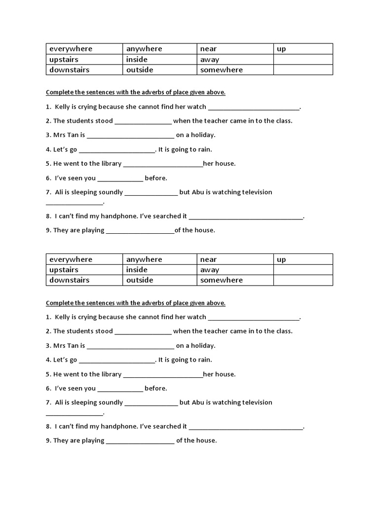 Adverbs of Place Exercise | PDF