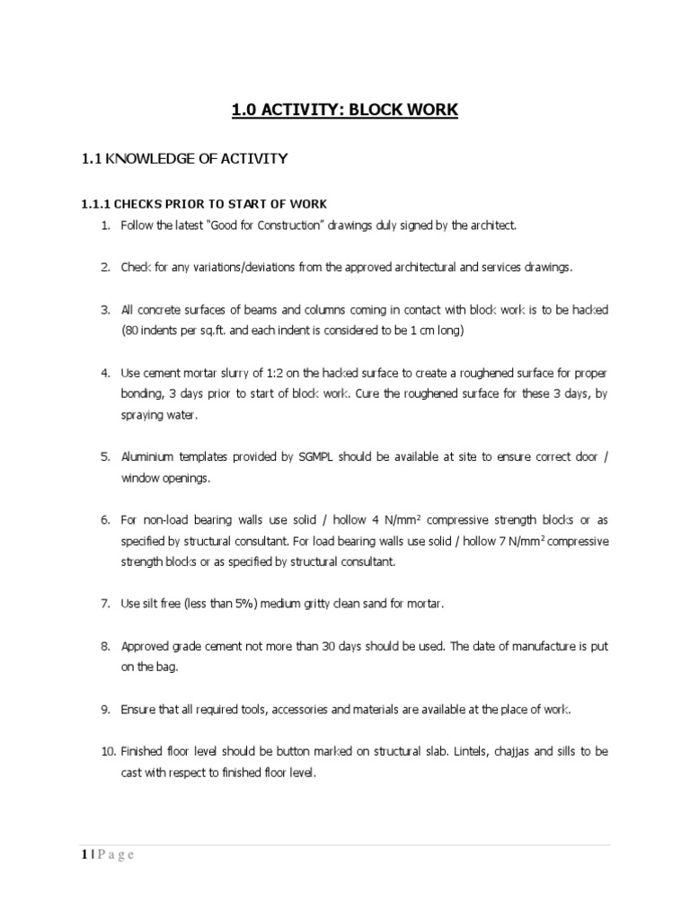 Checklist For Block Work | PDF | Concrete | Mortar (Masonry)